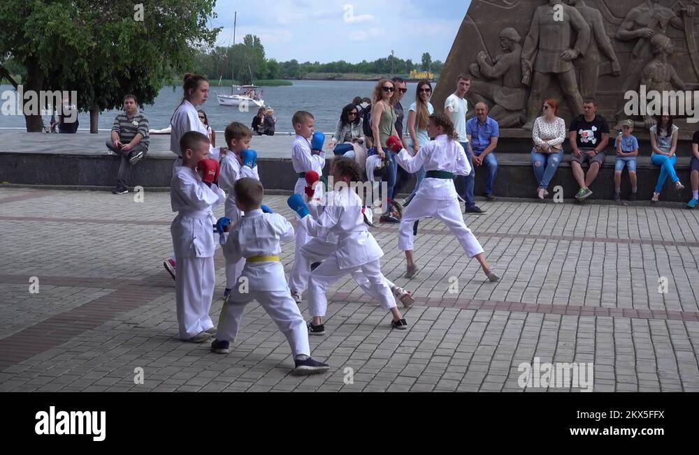 Zoom out kids demonstrating boxing maneuvers in , Crystal child Stock ...