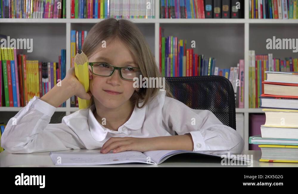 Thoughtful Student Child in Classroom, School Girl Face Studying ...