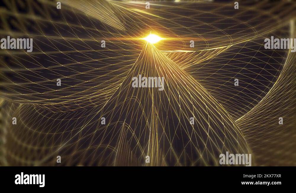 Abstract animated gold motion background of spinning spheres with lines ...