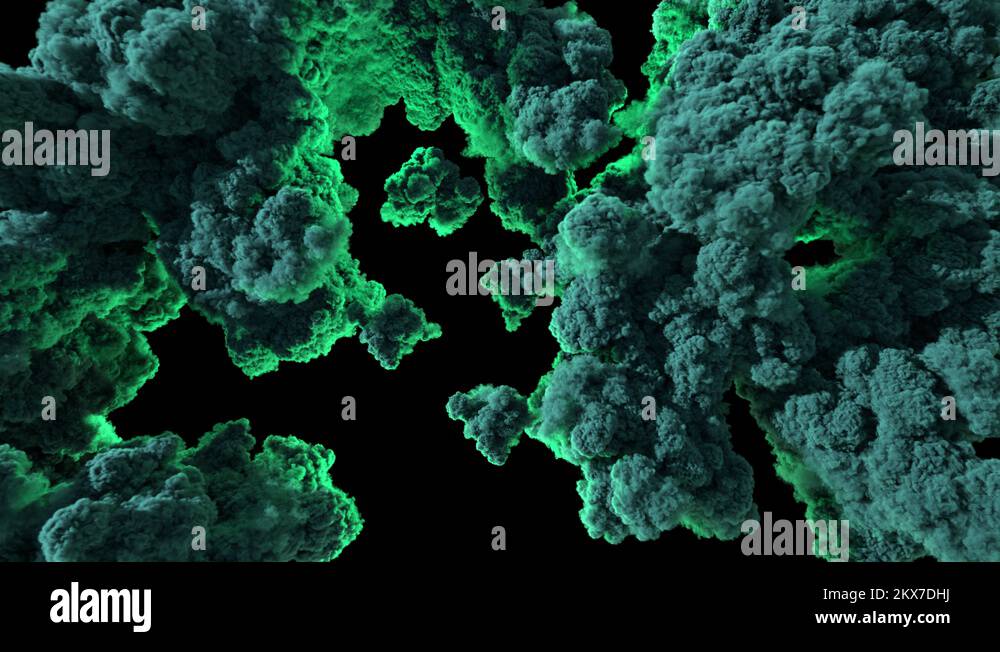 Massive smoke eruption from top view, lighted by green light Stock ...