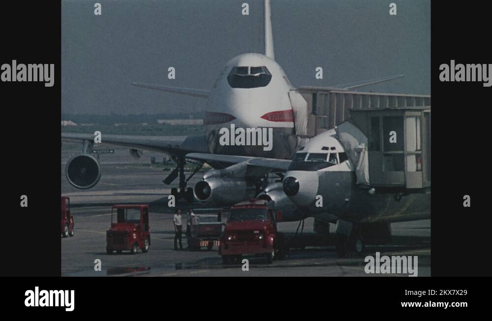 TWA Boeing 747 and Boeing 707 at gate at Kennedy International Airport ...
