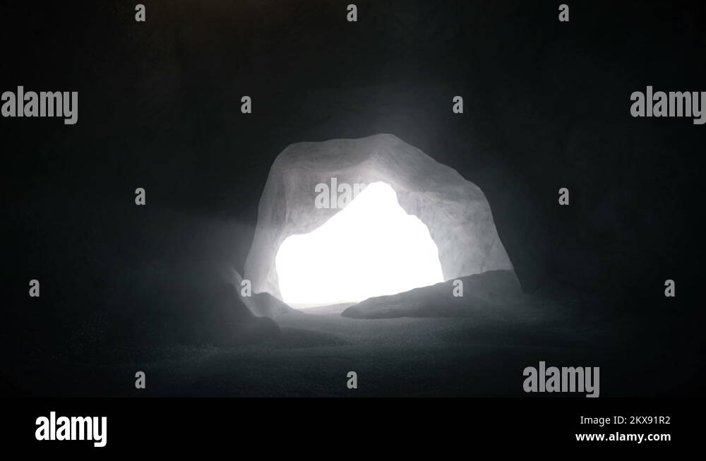 3D Animation Inside of Dark Mountain Cave. Camera go to the Light in ...