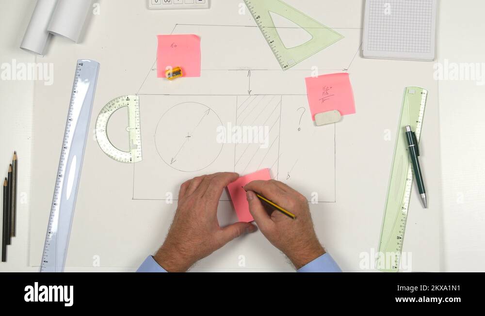 Top View Technical Person Write Post It Notes and Stick Them on a Drawn ...