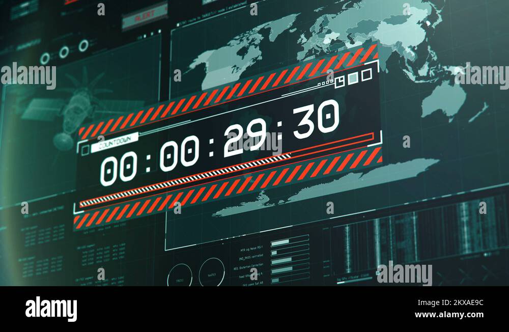 Countdown message on screen, satellite missile launch control ...