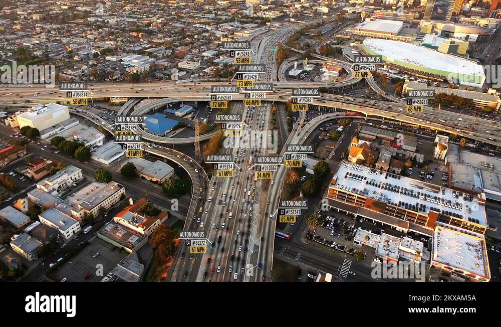 Driverless or autonomous car aerial view. Plate number, MPH and ID ...