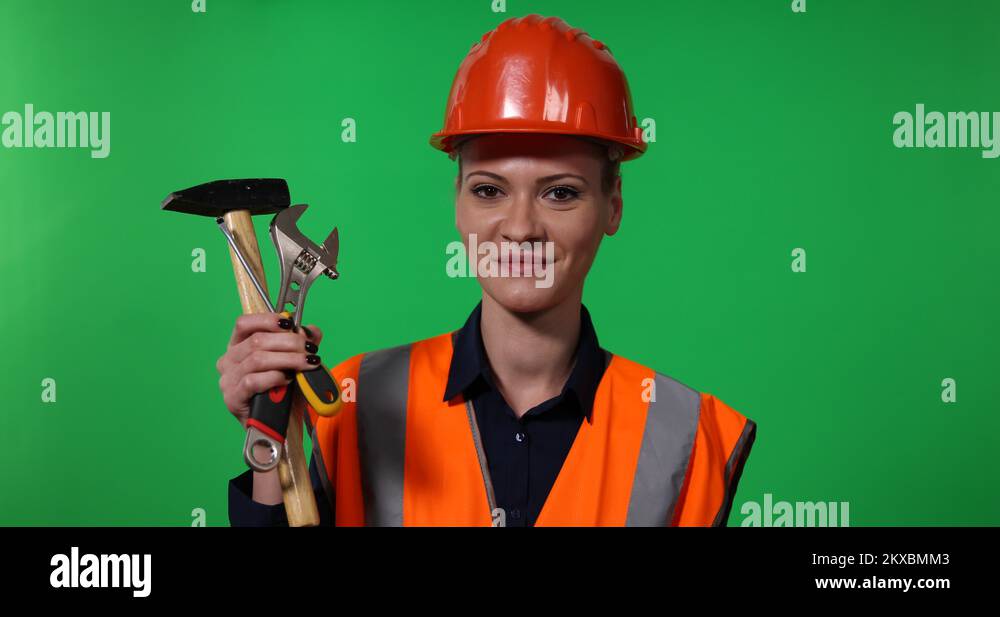 Busy Engineer Woman Presentation Camera Adjustable Tools Green Screen ...