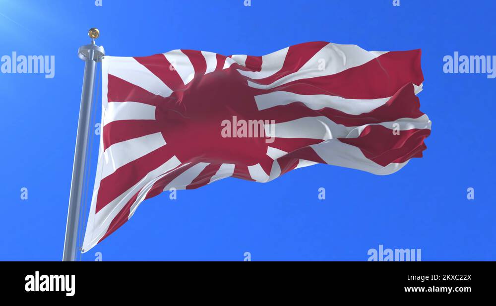 Rising Sun Flag Japanese Waving At Wind In Slow With Blue Sky Loop