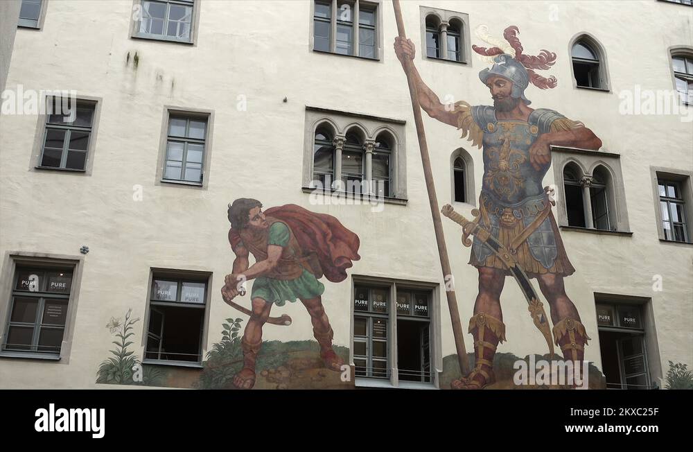 The Goliath House, David and Goliath mural, Regensburg, Germany Stock ...