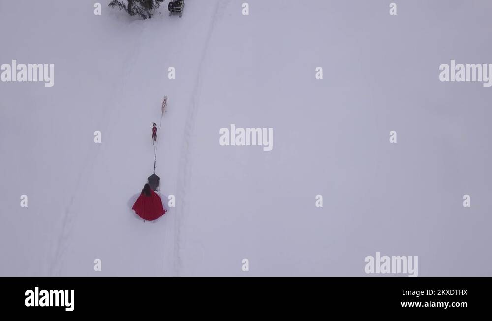 Little Red Riding Hood Young girl running out in a snowy white forest ...