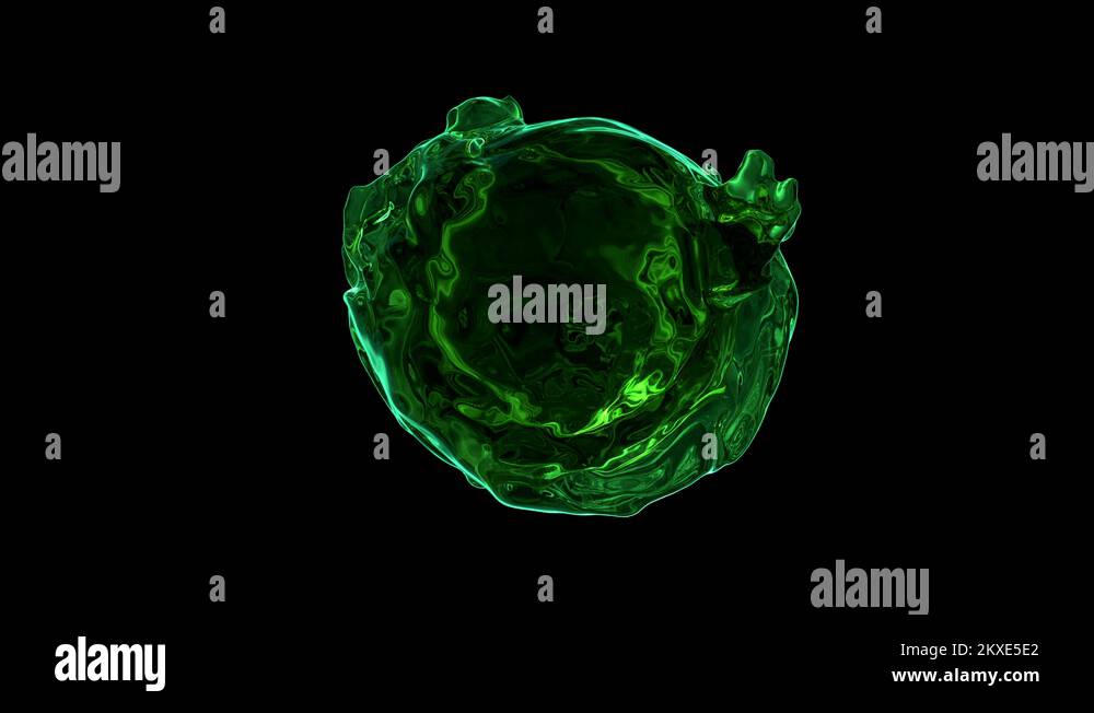 Seamlessly looped colored fluid flows with splashes around sphere, slow ...