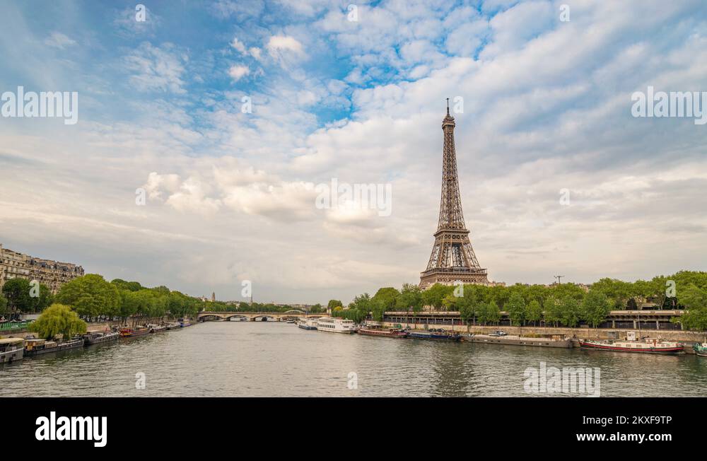 Paris city skyline timelapse at Seine River Eiffel Tower, France 4K ...