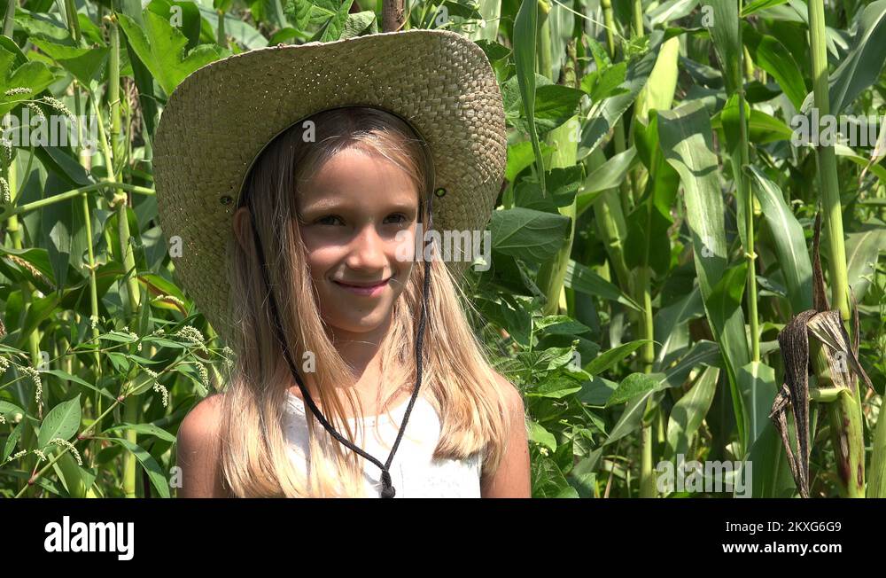Farmer Child in Cornfield, Smiling Girl Face Outdoor in Agriculture ...