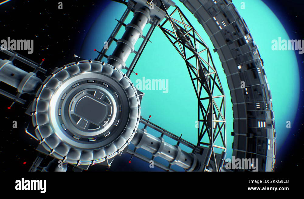 Spaceship flies into the door of giant space torus on Uranus background ...