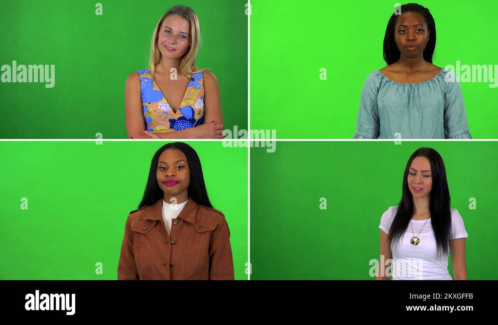 4K compilation (montage) - four women nod at the camera - green screen ...