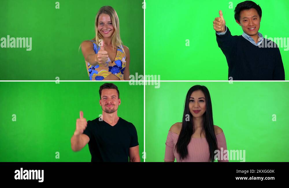 4K compilation (montage) - four people smile and show a thumb up to the ...