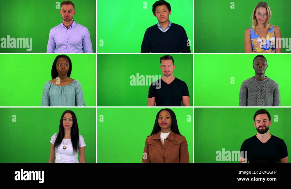 4K compilation (montage) - group of nine people nod at the camera ...