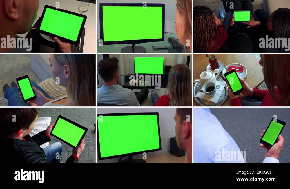 4K compilation (montage) - group of people look at devices with green ...