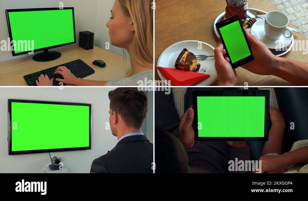 4K compilation (montage) - group of people look at devices with green ...