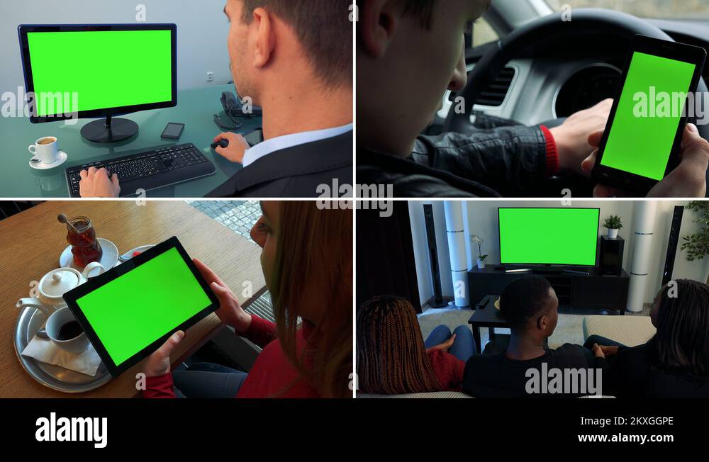 4K compilation (montage) - group of people look at devices with green ...