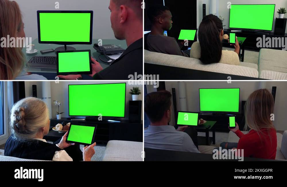 4K compilation (montage) - group of people look at TVs with green ...