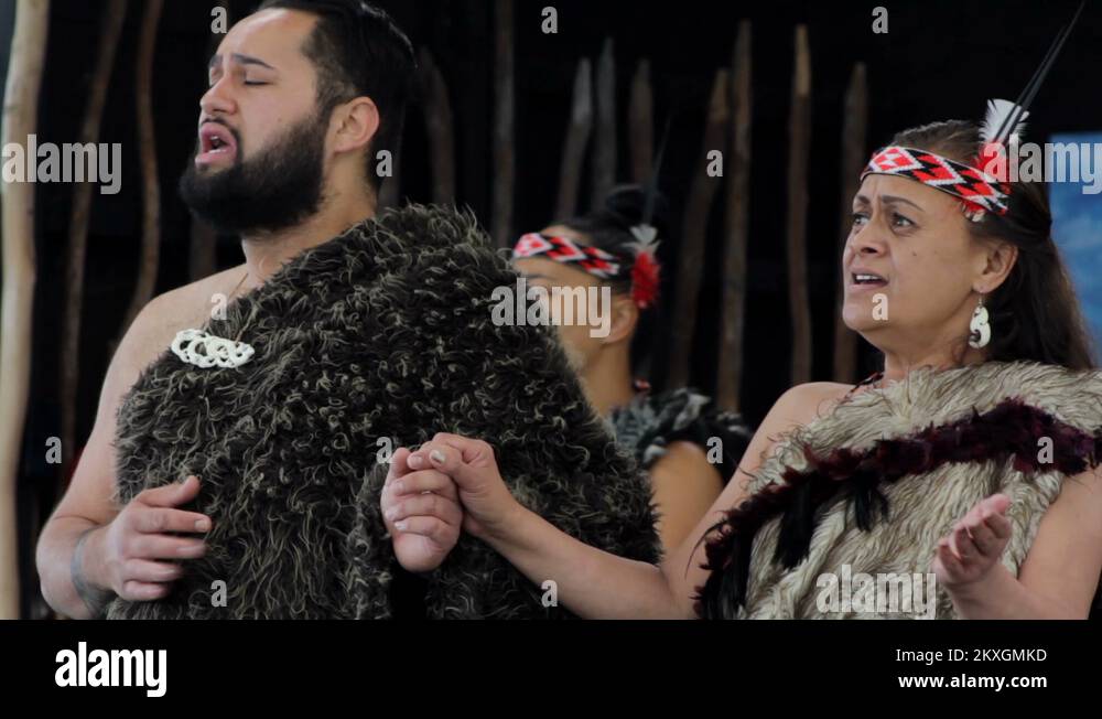 Maori warrior dance haka, with maori traditional greeting in the end ...