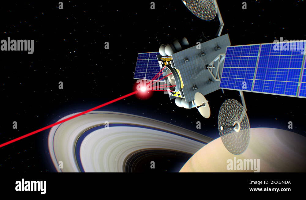 Space laser weapon. Saturn on background, fictional military satellite ...