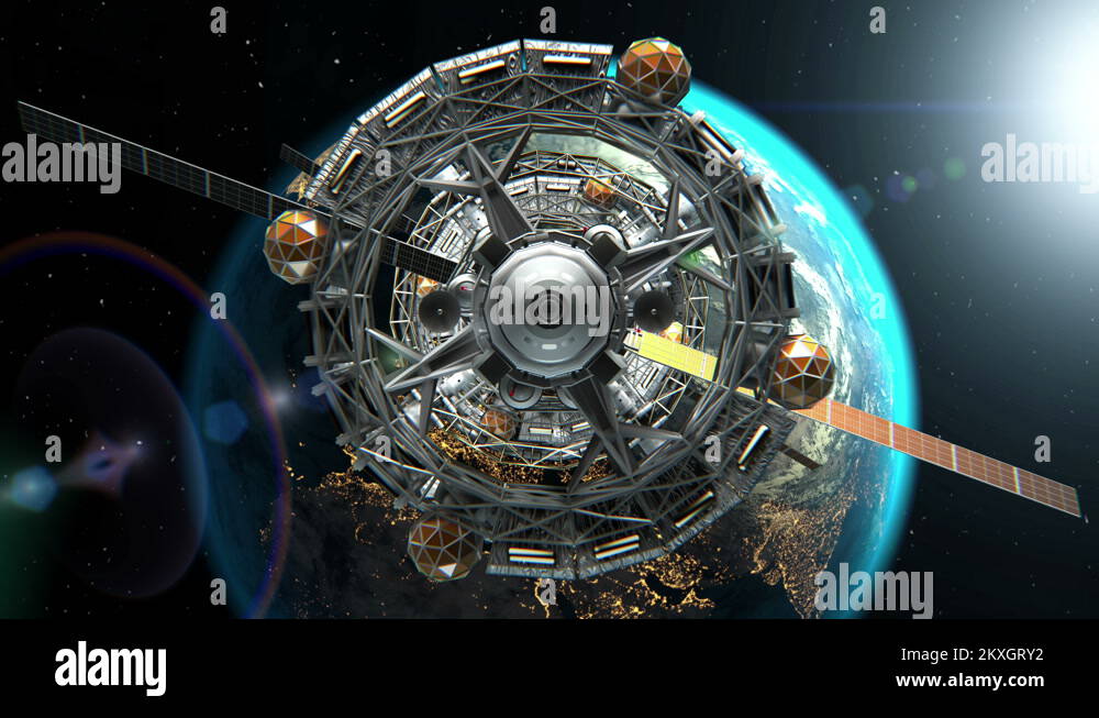 Departure from sci-fi Spaceship. Earth and Sun on background, 3d ...