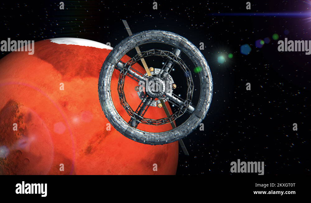 Mars on the background. Flight through the gates of the sci-fi space ...