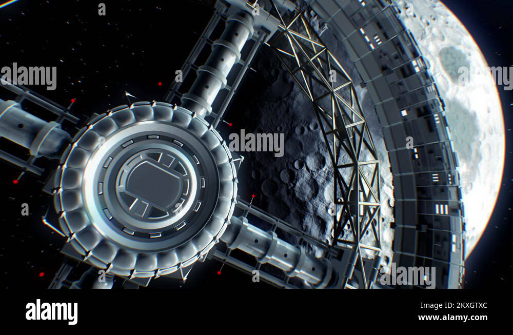 Moon on backdrop. Spaceship flies into the door of giant space torus ...