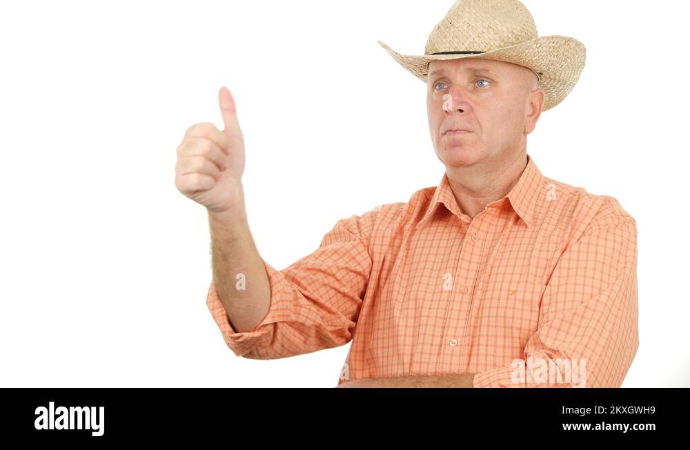 Serious and Confiding Farmer with Cowboy Hat Thumbs Up Hand Gestures ...