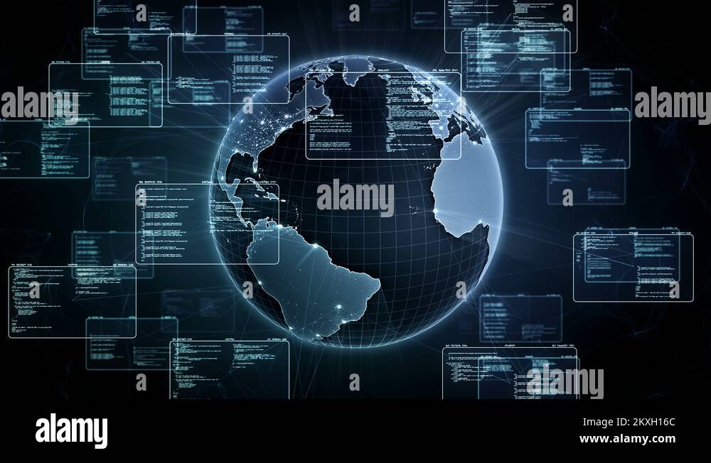 Software source code and program data in the virtual space. Blue color ...