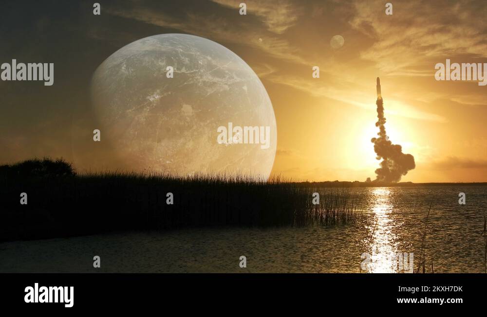 4k sci-fi alien world sunset with space ship taking off and shooting to ...