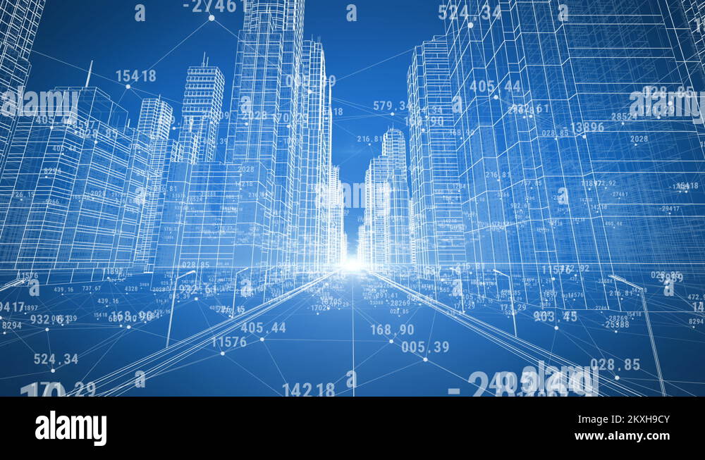 Abstract Digital City with Numbers and Grids. Moving Through the 3d ...