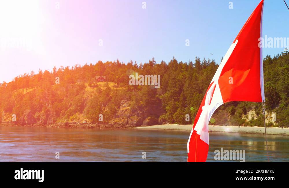 Canada Flag National Symbol, Boat Islands View, Sunset Lens Flare Stock ...