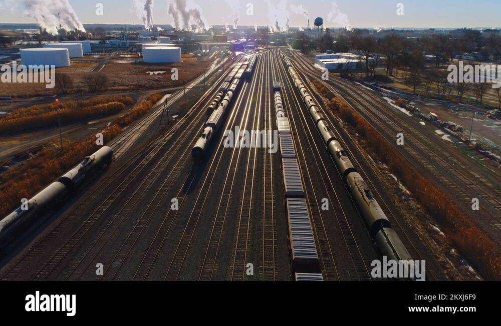 Looking down on railroad rail yard, many trains, tracks Stock Video ...