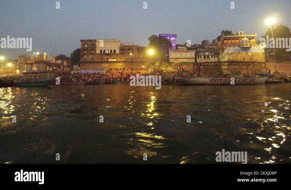 Varanasi Ghats, Diwali Festival, Ganges River and Boats Stock Video ...