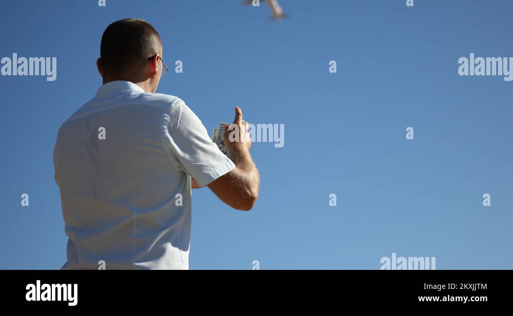 Tourist Man Counting Usd Bills Dollar Money for Vacation When Aircraft ...