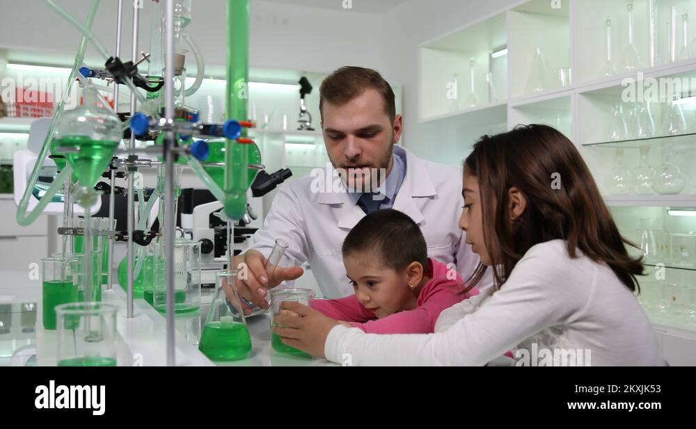 Little Girls Visit Teacher Chemistry Laboratory Children Playing Glass ...