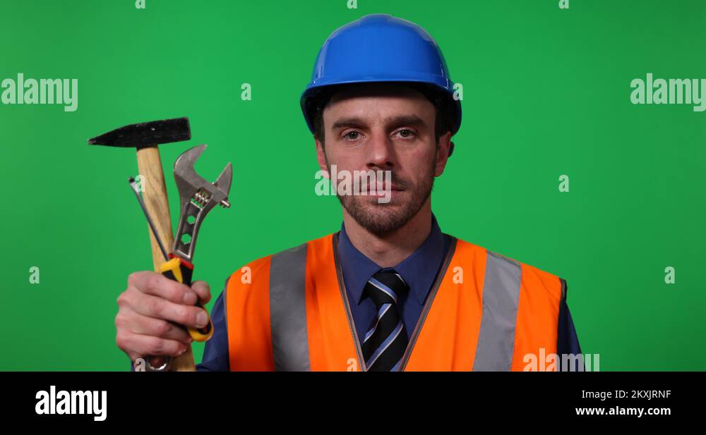 Engineer Worker Man Showing Ok Sign and Utensils Tools Green Screen ...