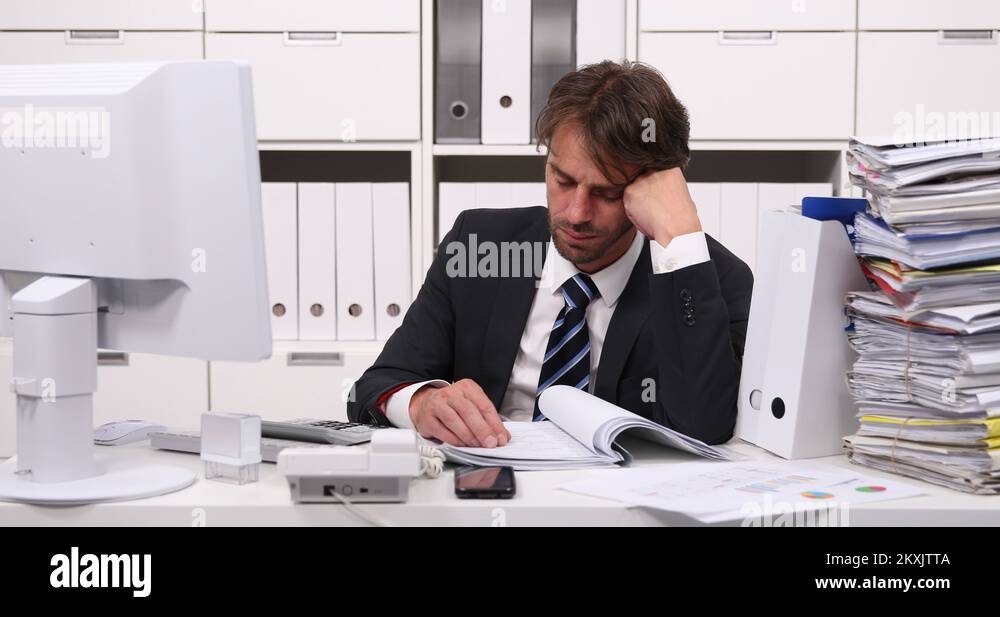 Tired Accountant Man Exhausted Sleeping on Stack Folders No Work ...