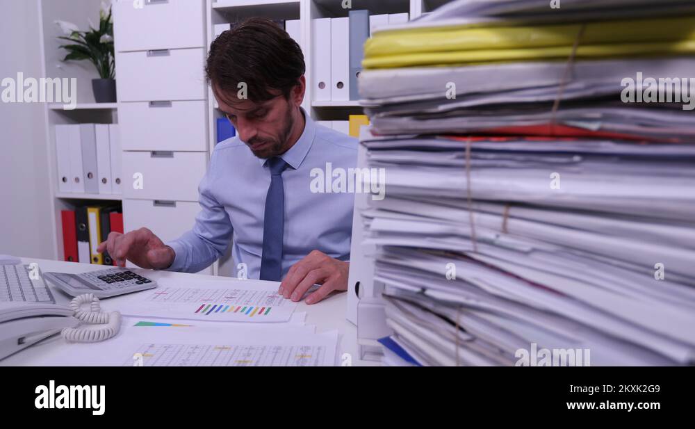 Busy Accountant Man Working Calculating Pie Chart Graphs Use Calculator ...