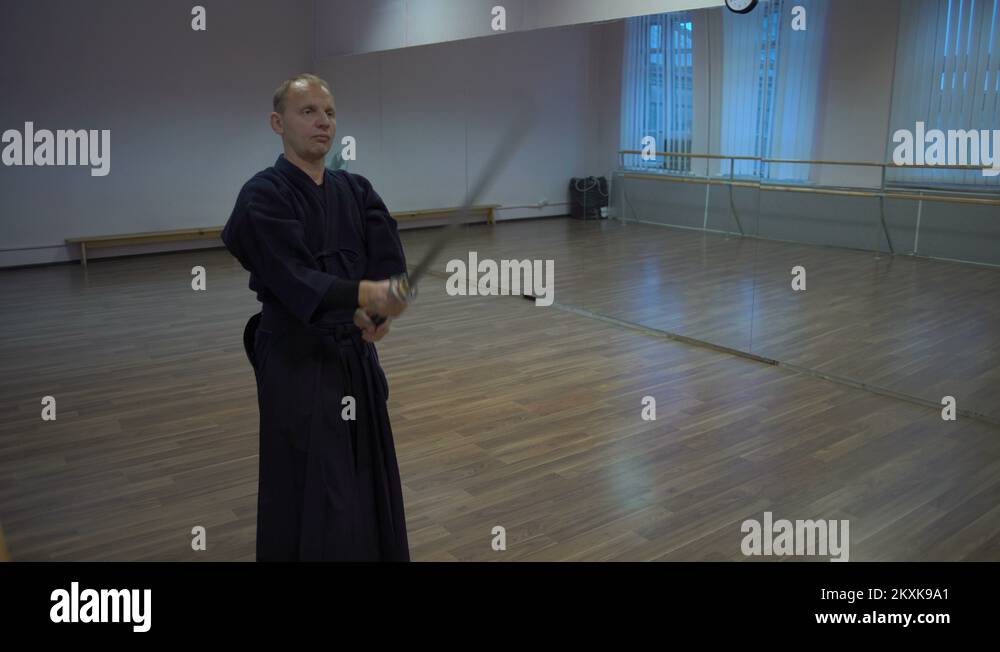 Master Kendo Performs the Kata Training with the Catana Sword in the ...