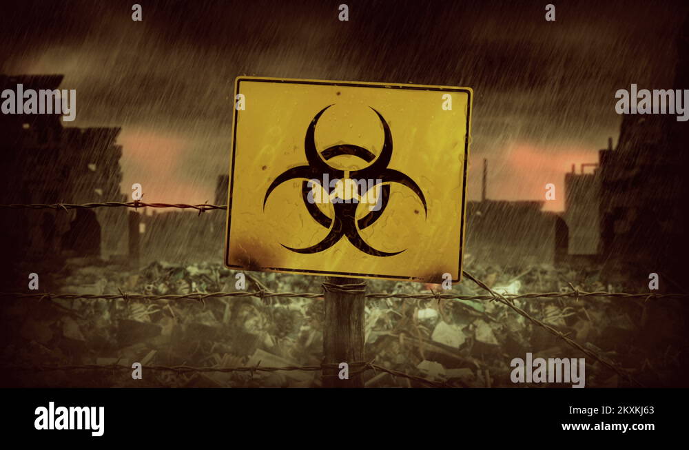 Biohazard symbol. Rain Over the City Ruins. Animation of post ...
