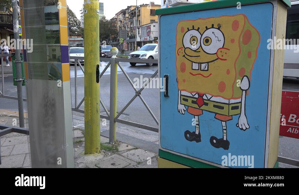 Cartoon character Spongebob painted on streets of Tirana in Albania ...