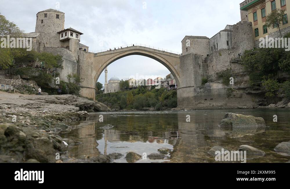 Reflection and view of famous Stari Most bridge in Mostar, Bosnia ...