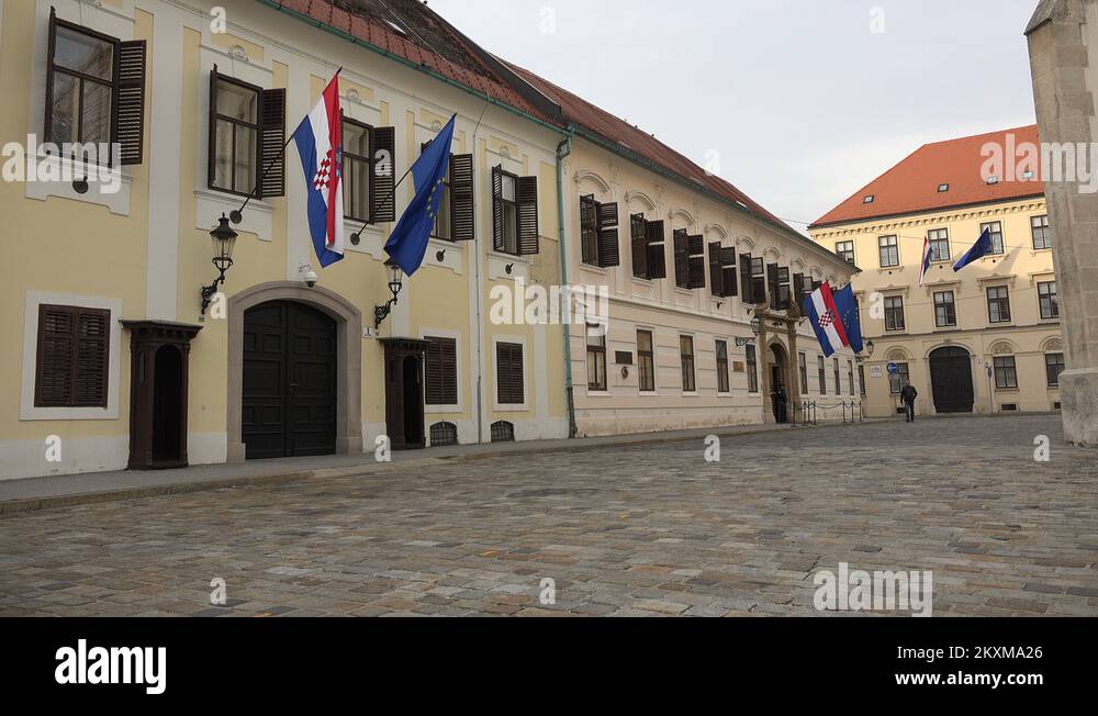 Croatian and European Union flag at classic government office building ...
