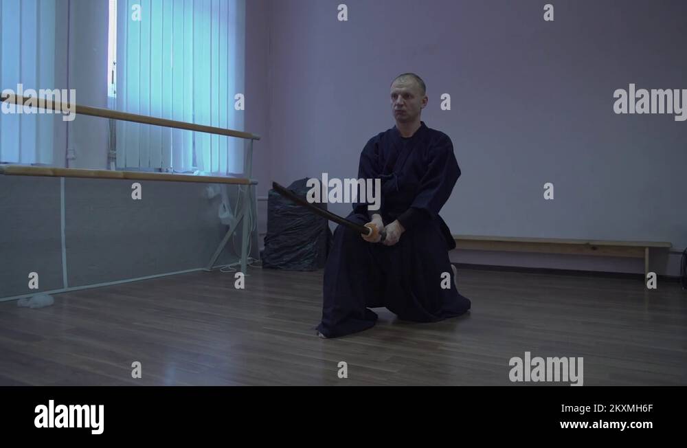 Samurai Trains with the Sword in the Sports Hall, Refines the Kendo ...