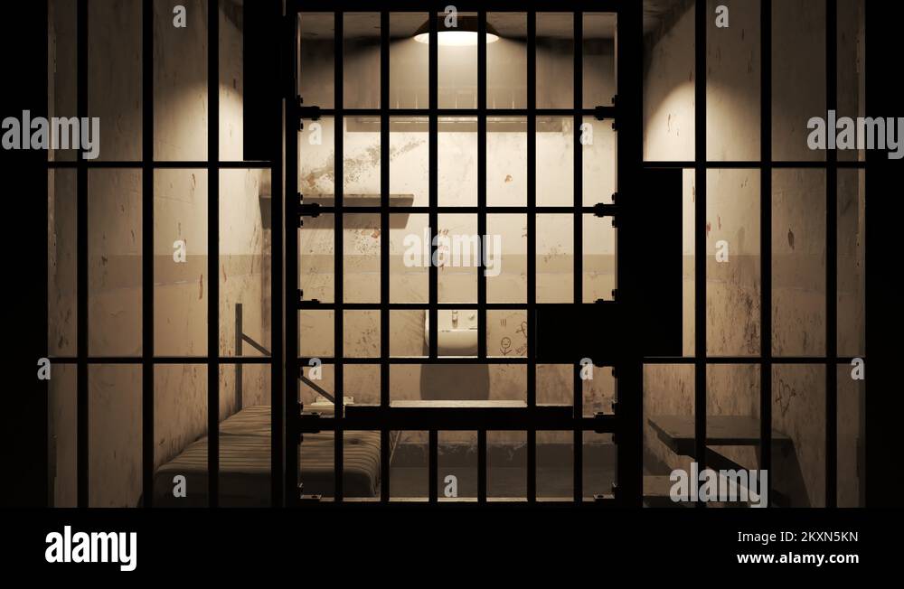 Old grunge dirty prison cell seen through jail bars. Justice, crime ...