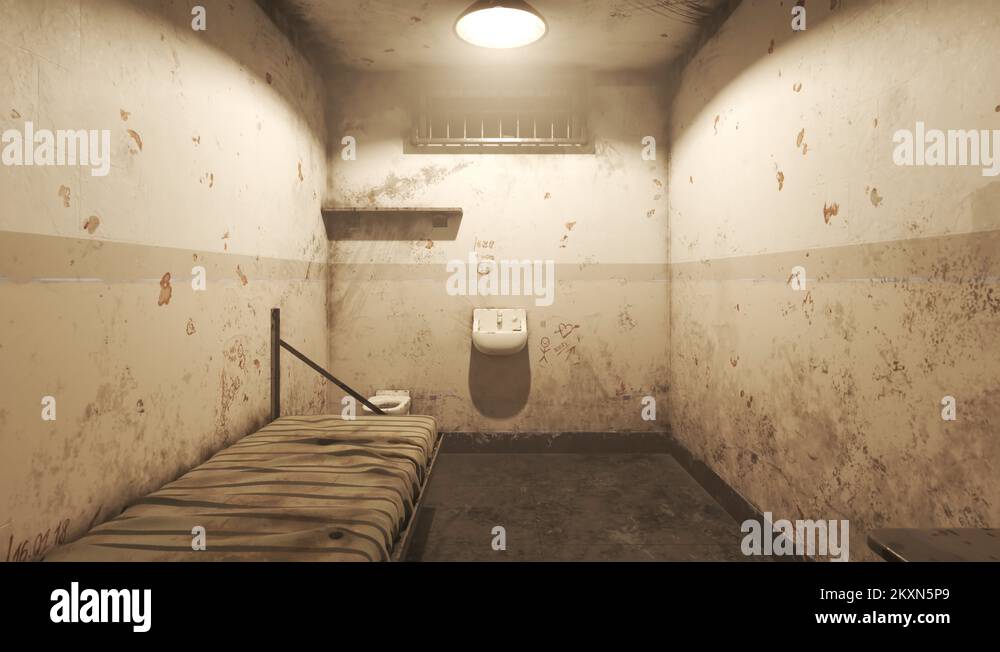 Old grunge dirty prison cell. Camera moves through jail bars. Justice ...
