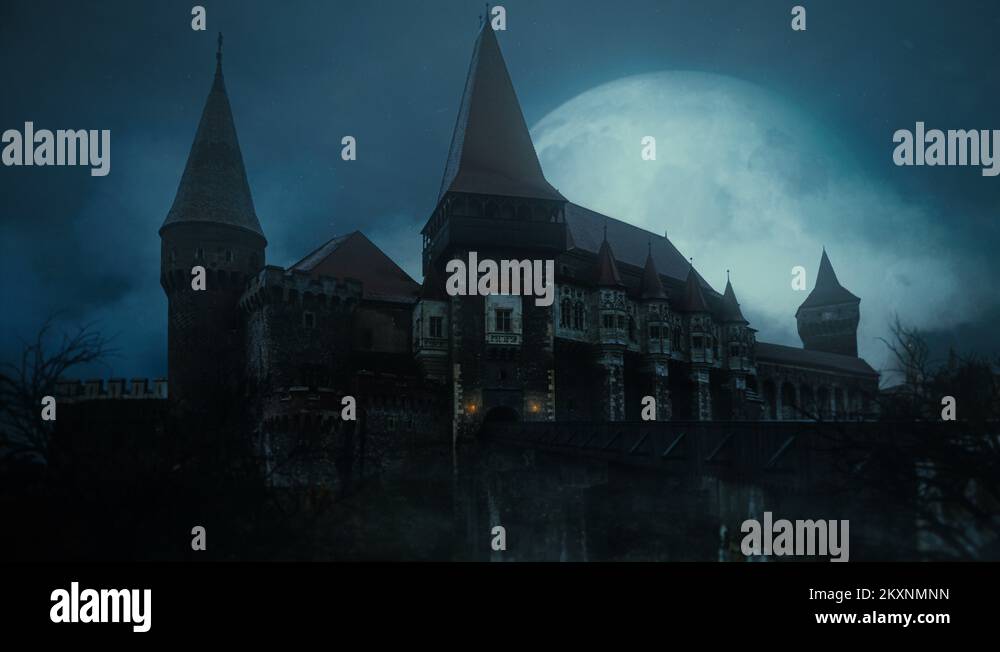 Old medieval castle at night with a big full moon in background and ...